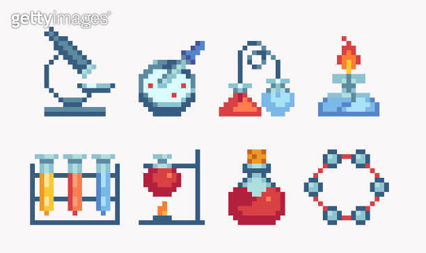 Chemistry icons pixel art set. Laboratory, biological equipment ...