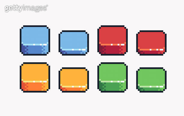 Different buttons pixel art set. Colorful interface on off bar ...