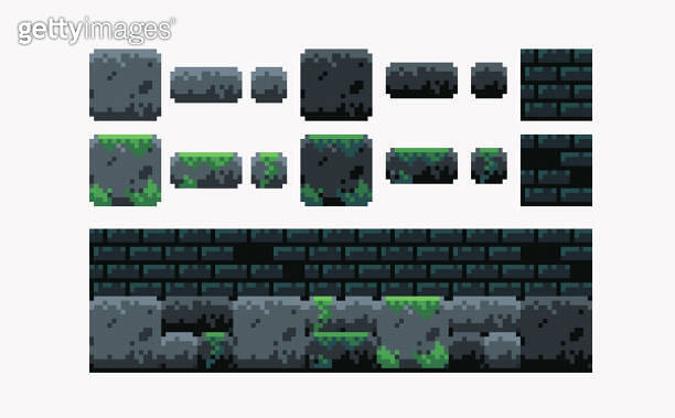 Stone platform pixel art set. Brick walls and floor collection. Square ...