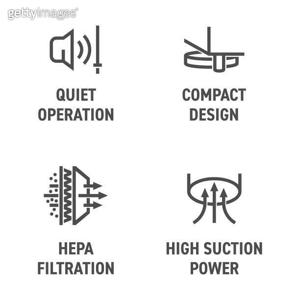 Robot vacuum cleaner icons in bold line - High suction, HEPA , Compact ...