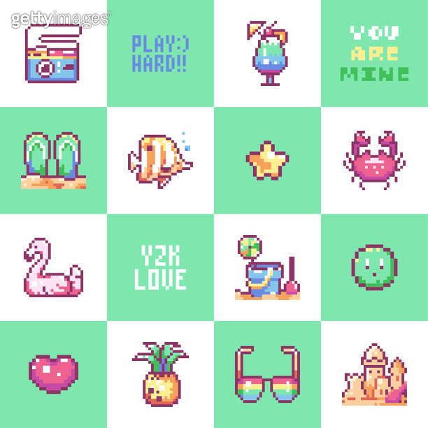 Y2K Pixel Art Summer Beach Icons Pattern (2153500450) - 게티이미지뱅크