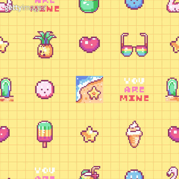 Pixel Art Summer Seamless Pattern. 8 bit Retro Y2k Game Texture ...