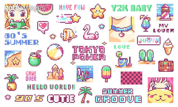 Pixel Art Y2K Summer Sticker Set. 8bit Retro Patterns or Icons Like ...