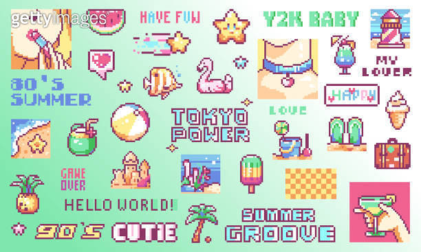 Pixel Art Cute Summer Party Set. 8 bit Vintage Video Game Style ...