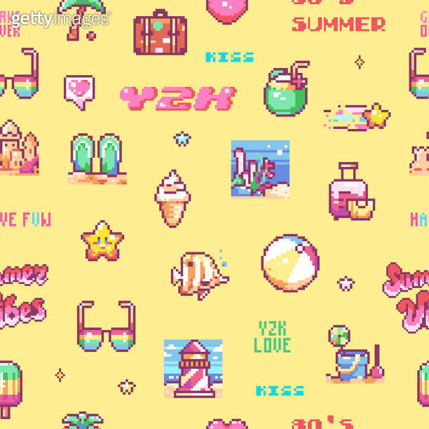 Pixel Art Summer Vibes Seamless Pattern. 8-bit Retro Y2K Game Texture ...
