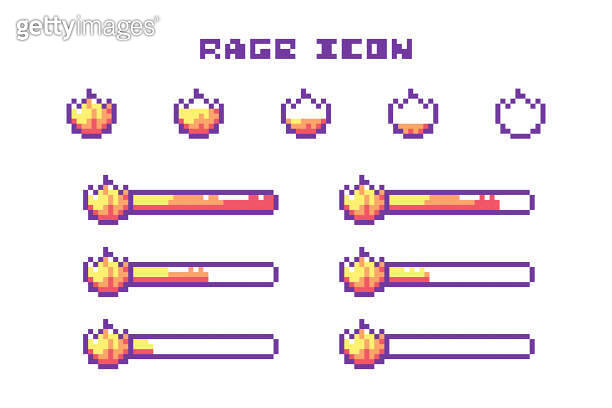 Pixel Art Game Rage Bar Progress and Berserk Fire Icons Set. 8 Bit ...
