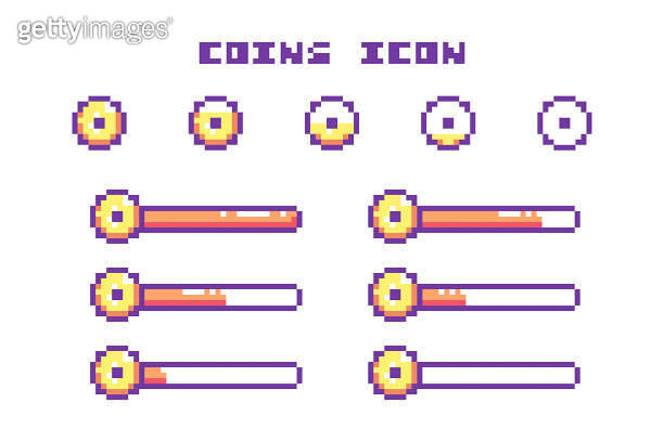 Pixel Art Game Coins Bar Progress and Coin Icon Set. 8 Bit Retro ...
