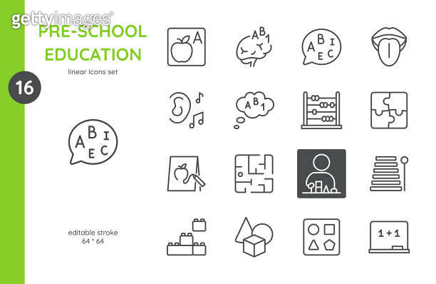 Pre-School Education Icons Set. Linear Editable Stroke Symbols for ...