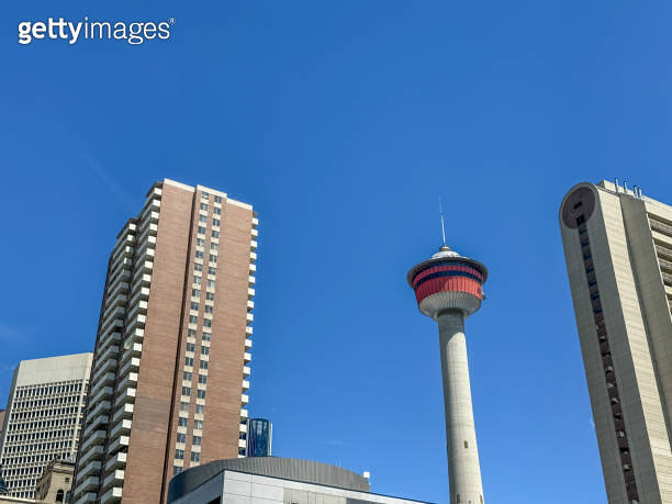 Exterior architectural details of the Calgary Tower and surrounding ...