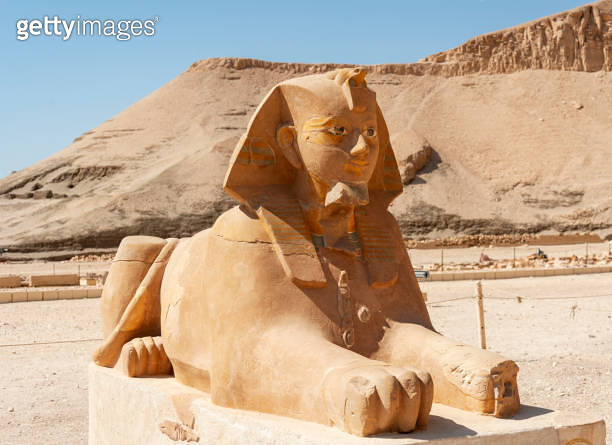 Sphinx in front of the temple of Hatshepsut at Deir El-Bahri ...