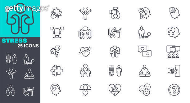 Black and white Stress and Mental Health Icons stock illustration Icon ...