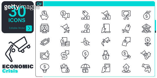 Economic crisis icon set. 30 editable stroke vector graphic elements ...