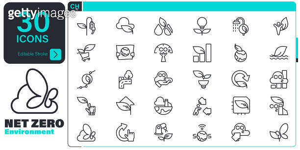 Net Zero Icon set. 30 editable stroke vector graphic elements, stock ...