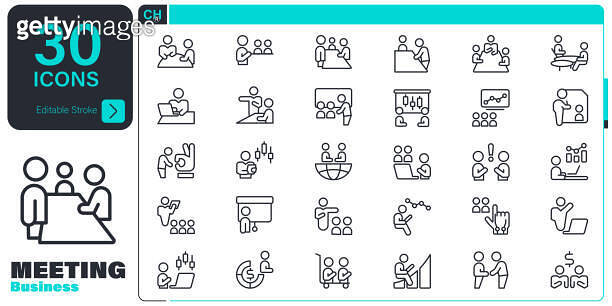 Business Meetings and Seminars Icon set. 30 editable stroke vector ...