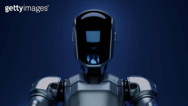 Front view of Modern Humanoid Robot Made of Metal on Dark Background ...