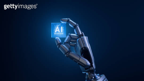 Side view Metal Hand of Humanoid Robot is Holding Innovative and Advanced AI Accelerated Chip ...