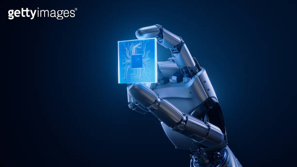 Metal Hand of Humanoid Robot is Holding Innovative and Advanced Microchip. Humanoid Robot Hand ...