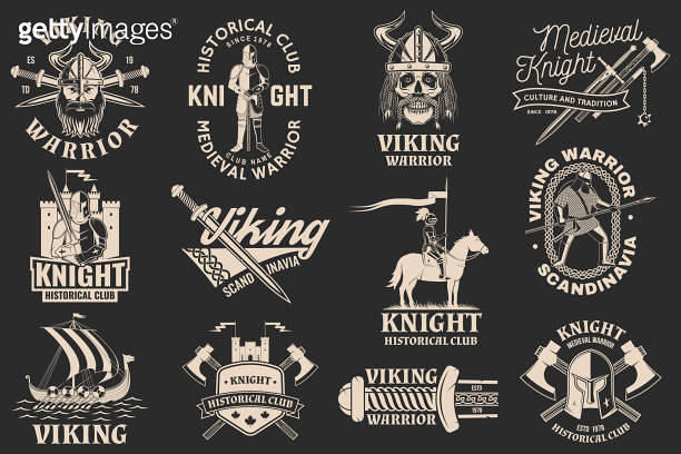 Set of viking warrior and knight historical club logos, badges ...
