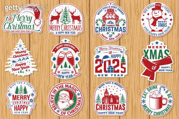 Set of Merry Christmas and 2025 Happy New Year stamp, sticker. Quotes ...