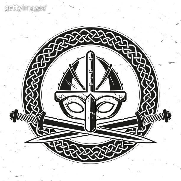 Viking helmet with crossed battle sword and national viking seamless ...