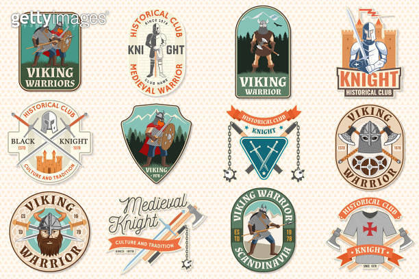 Set of viking warrior and knight historical club logos, badges ...