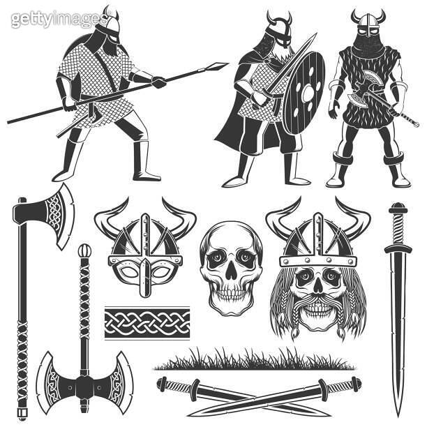 Set of monochrome viking elements. Vector. Set include vikings equipments, medieval weapon sword ...