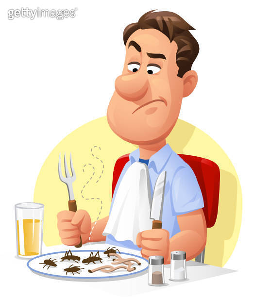Skeptical Man Eating Insects For Lunch 이미지 (1946840376) - 게티이미지뱅크
