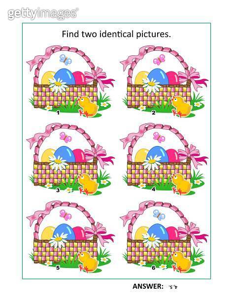 Easter visual puzzle. Find two identical pictures with basket, painted ...