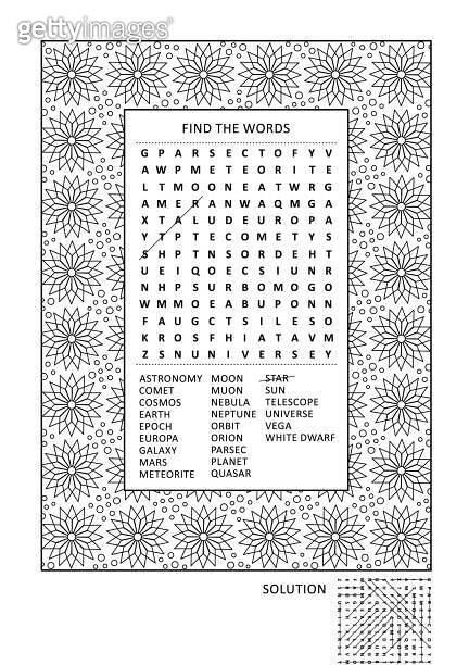 Puzzle and coloring activity page for grown-ups with themed word search ...