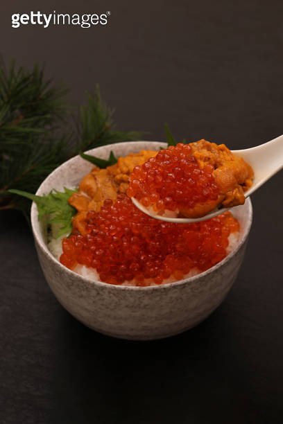 A bowl of rice topped with sea urchin and salmon roe, seafood ...