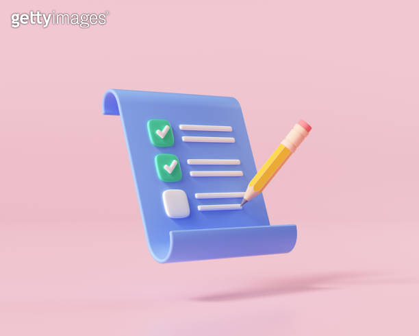 3D clipboard and pencil on pink background, notepad icon. 3d render ...