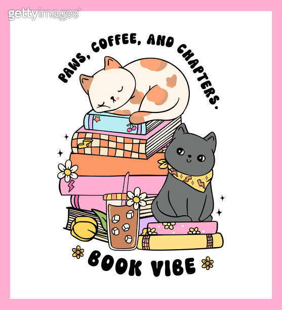 Retro Groovy book vibe with cat and iced coffee funny sticker vibrant and bold cartoon doodle ...