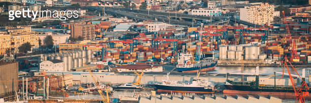 Naples, Italy. Top View Of Barge Freight Ship Tanker And Container ...