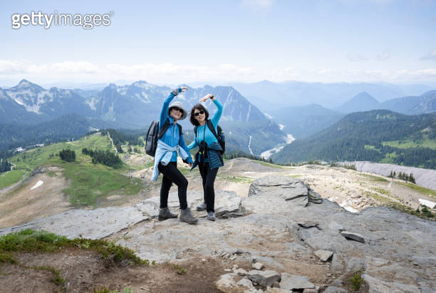 Two women posing for photos with arms raised. Skyline Loop Trail. Mt ...