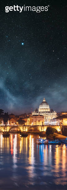 Rome, Italy. starry night stars sky above Papal Basilica Of St. Peter ...