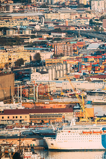 Naples, Italy. Top View Of Barge Freight Ship Tanker And Container ...