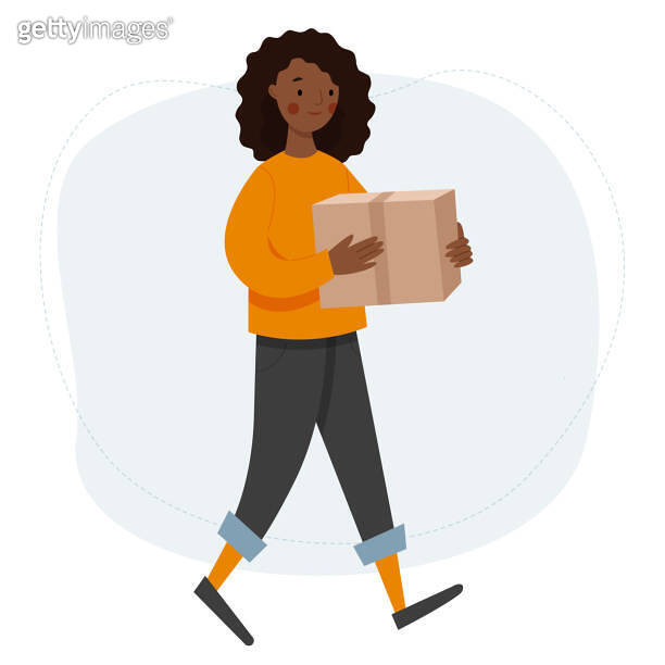 A african woman carries a cardboard box. Moving to a new house. The ...