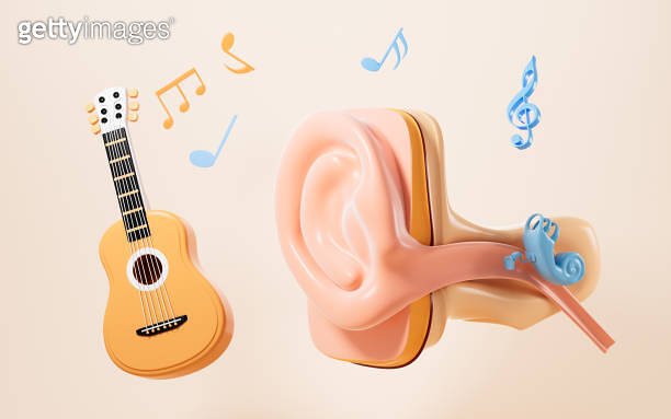 Cartoon human auditory system and guitar, 3d rendering. (2160557107 ...