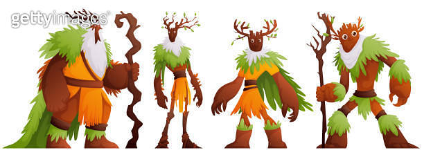 Four fantasy forest guardian characters with tree-like features ...
