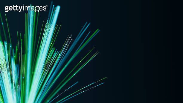 Illuminated cyan fiber optic cables with moving data. Glowing internet ...