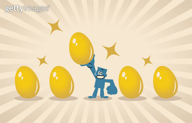 A happy blue man holding a big Gold Easter Egg, Happy Easter, with the ...