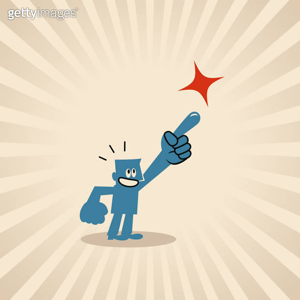 A smiling blue man points upward with his index finger in surprise 이미지 ...