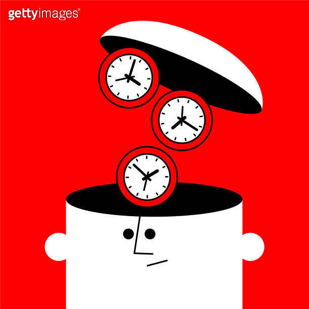 Time clocks pop out of a person’s open head (2180472660) 일러스트, 무료 일러스트 ...