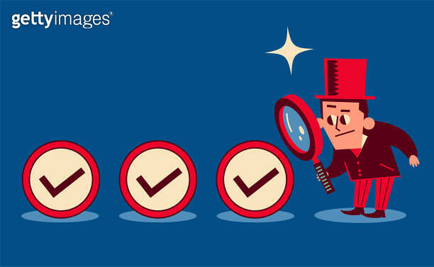 A cute detective or scientist examines the Tick symbol signs or check ...