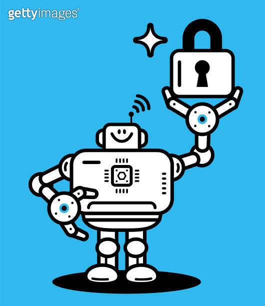 An Artificial Intelligence Robot holds a big lock, Guardian of the ...