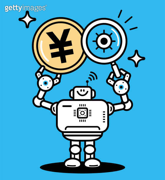 An Artificial Intelligence Robot examines the gold money coin with a ...