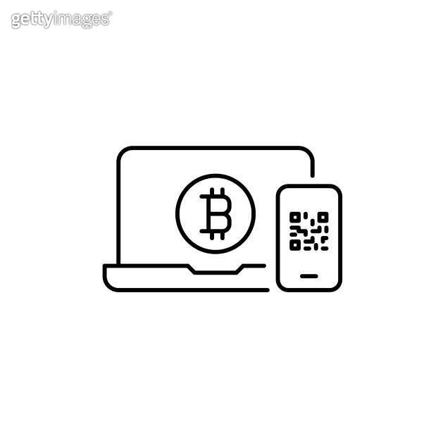 Laptop with bitcoin symbol on it and phone with qr-code. Seamless ...