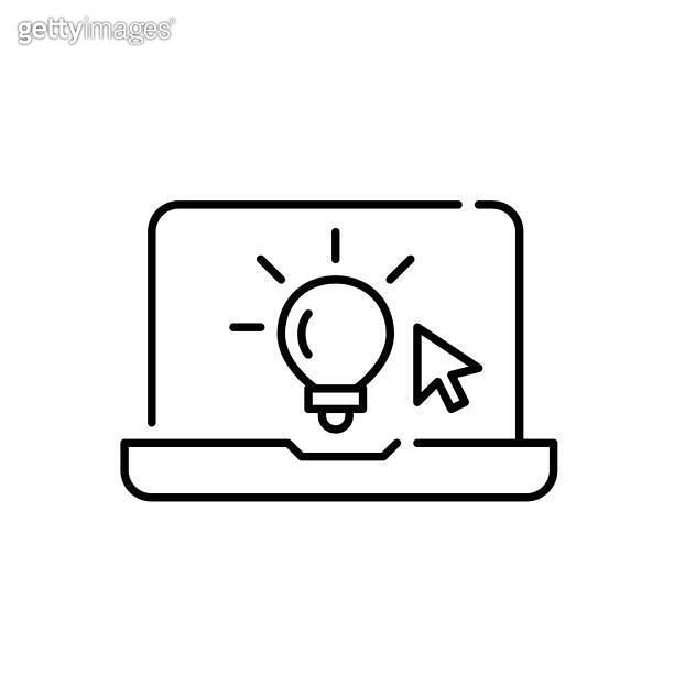 Laptop with mouse pointer clicking on light bulb. Creativity sources ...