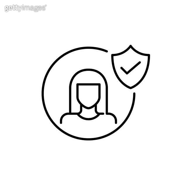 Female user profile, shield and checkmark. Verified identity, safe user ...