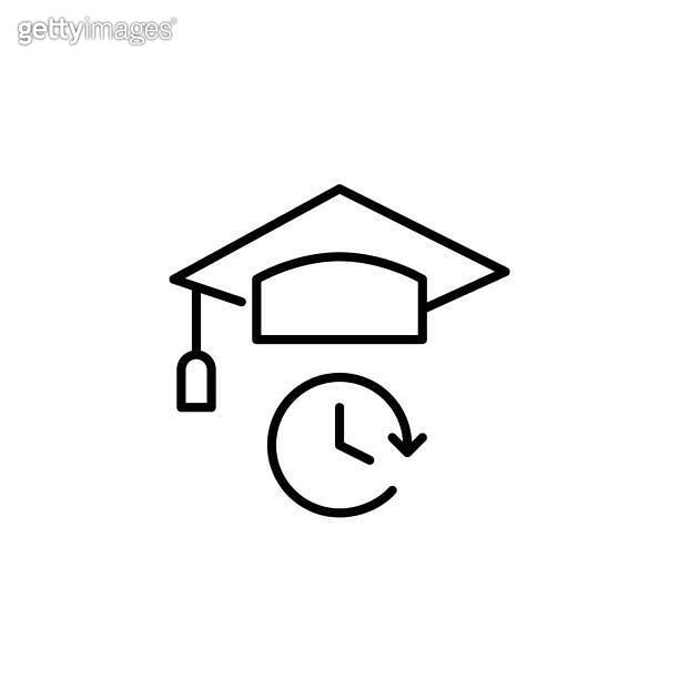 Graduation hat and clock. Educational curriculum and academic time ...